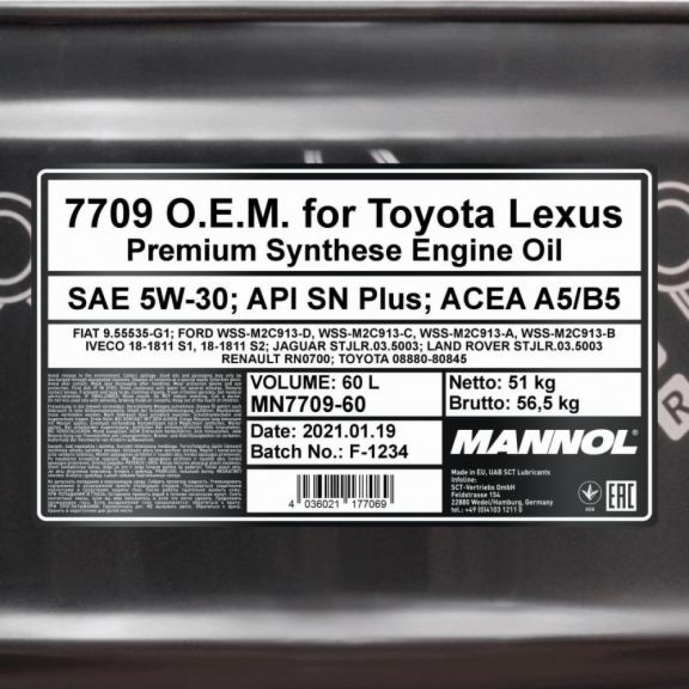 MANNOL 7709 OEM for TOYOTA LEXUS 5W-30 60 liter